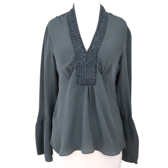 Magaschoni | Tops | Magaschoni Beaded Trim Silk Blouse Nwt | Poshmark